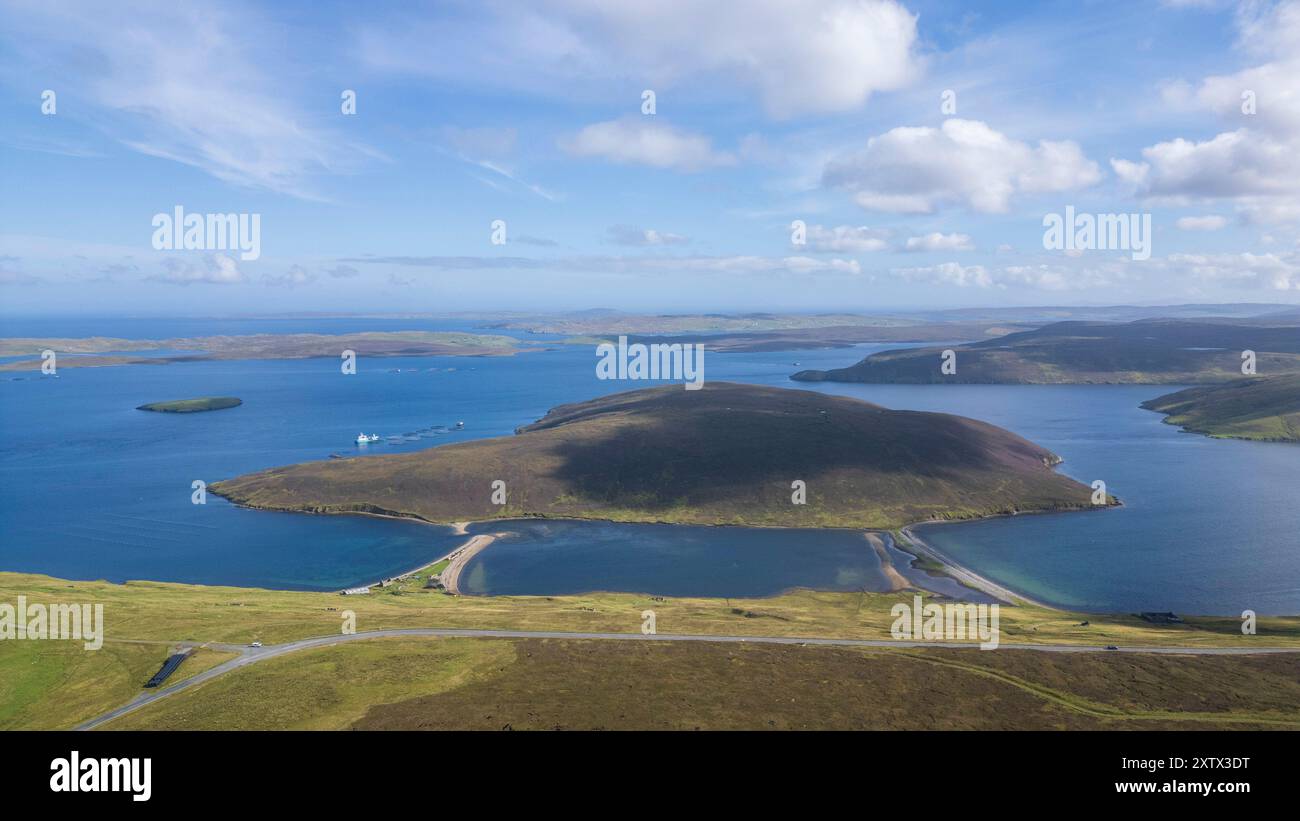 Aerial view of Swinister Voe and the Ayres of Swinister, Shetland ...