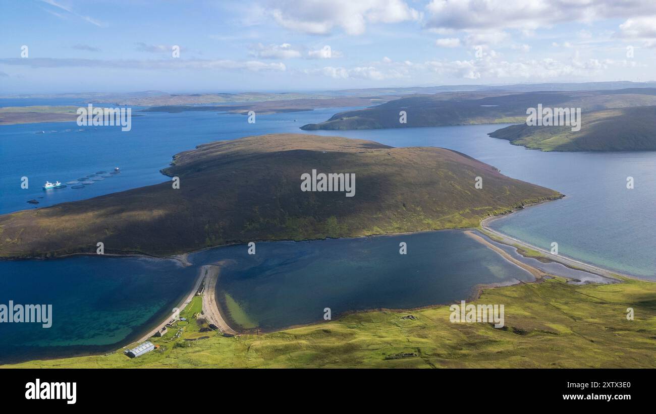 Aerial view of Swinister Voe and the Ayres of Swinister, Shetland ...