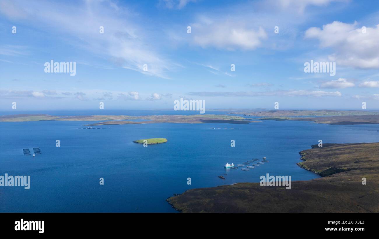 Aerial view of Swinister Voe and the Ayres of Swinister, Shetland ...
