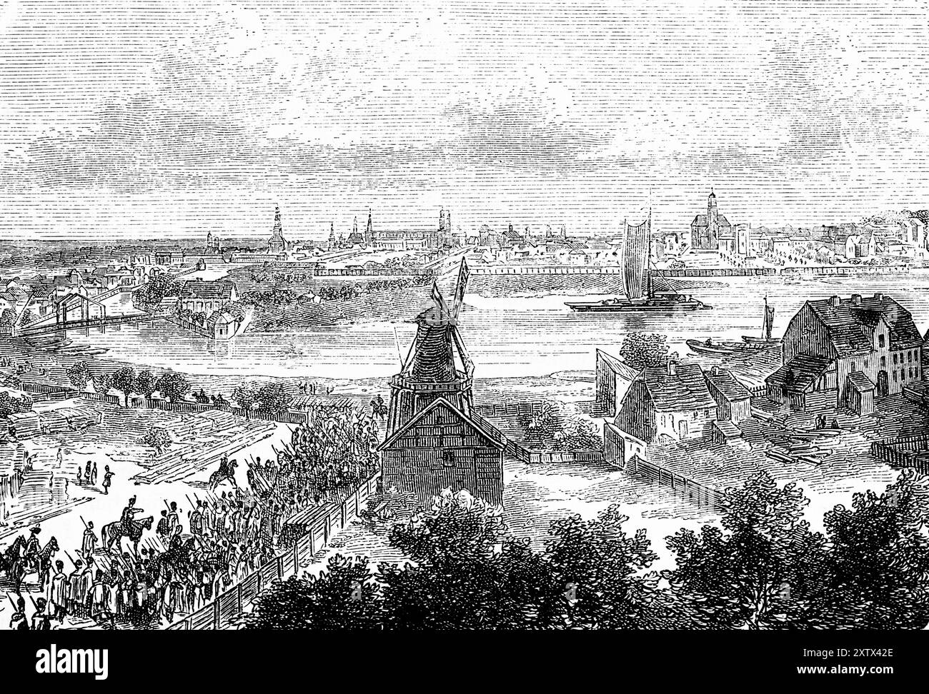 View of Berlin in the 18th century, rural surroundings, river, barge ...