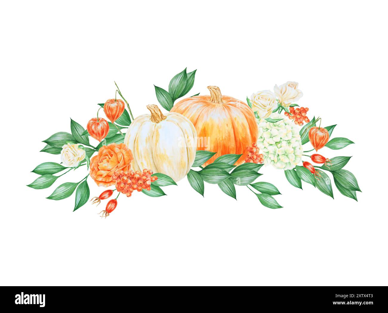 Orange and white pumpkins, roses, hydrangea, rowan berries and rose ...