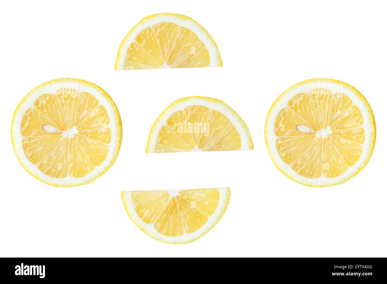 Top view set of fresh yellow lemon fruits in halves and slices or ...