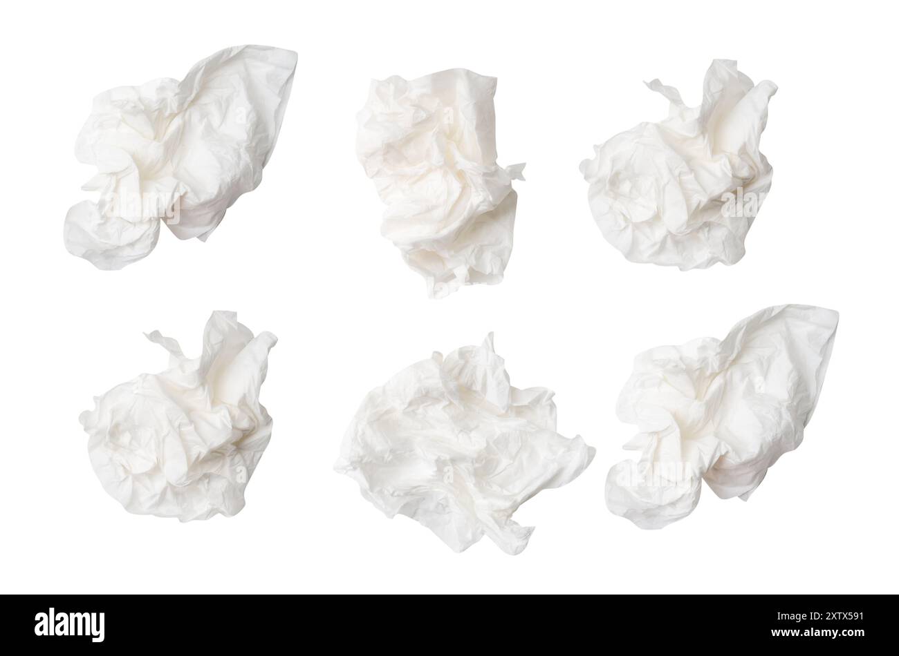 Top view set of white screwed or crumpled tissue paper ball after use ...