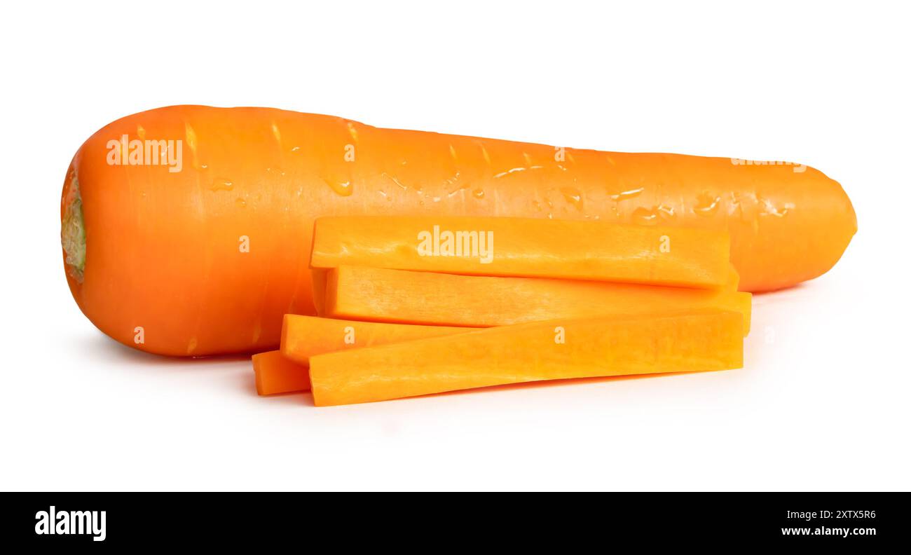 Side view set of fresh orange carrot with slices or pieces in stick ...