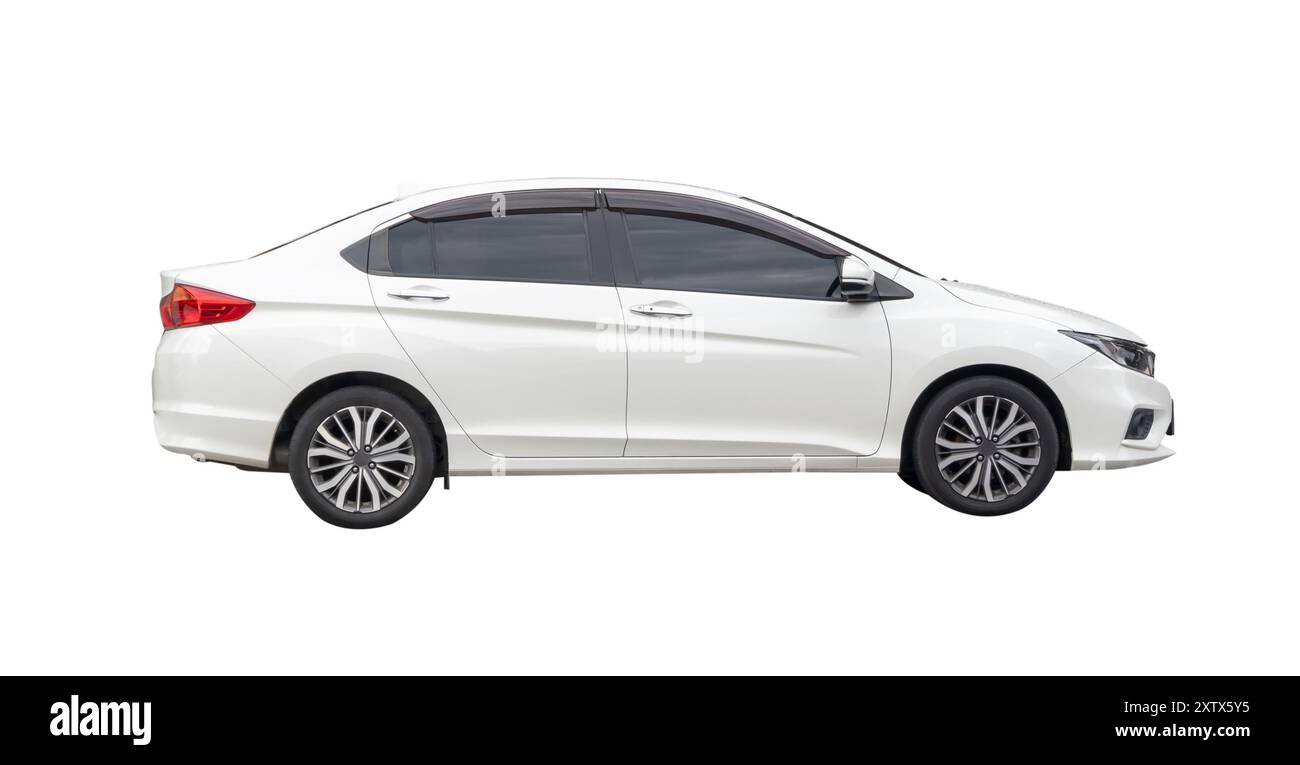Side view of white sedan car is isolated on white background with ...