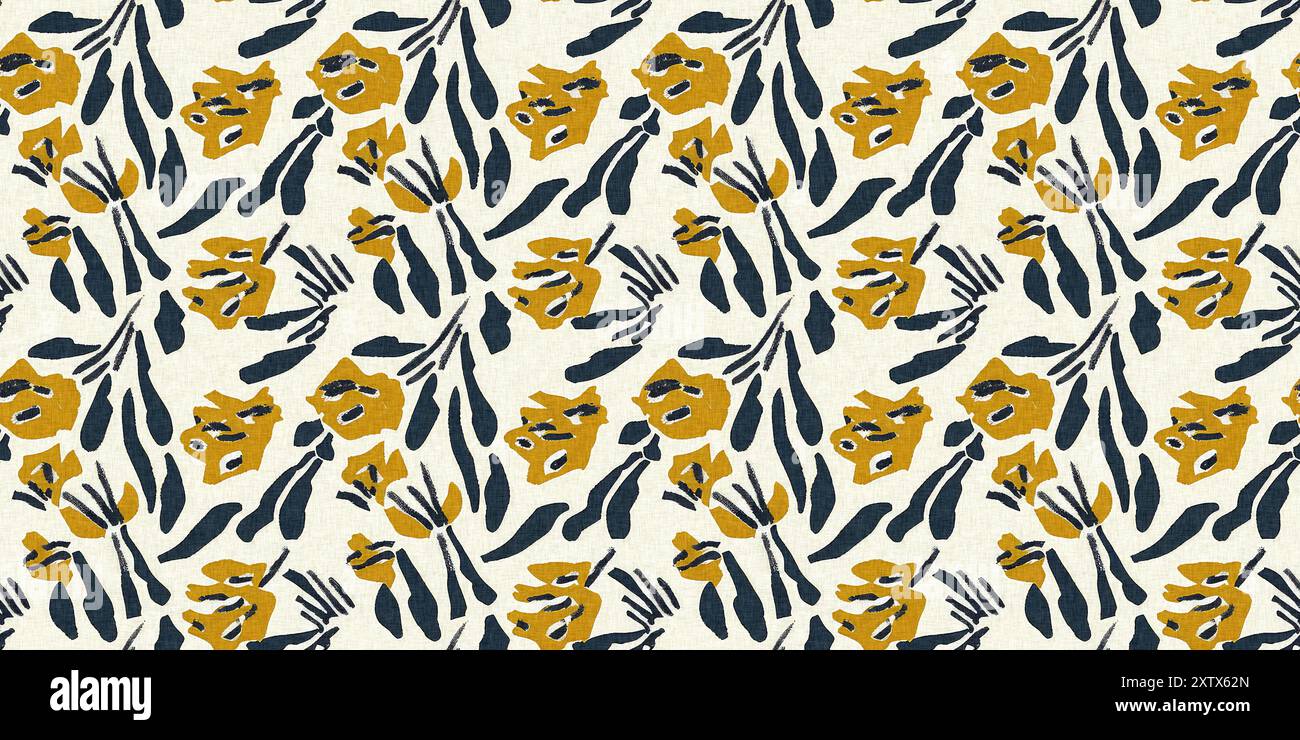 Modern printed fabric flower block print pattern with linen texture ...