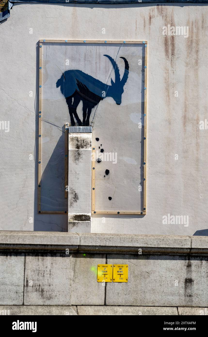 A protective screen covers the Banksy "mountain Goat" artwork by Kew ...
