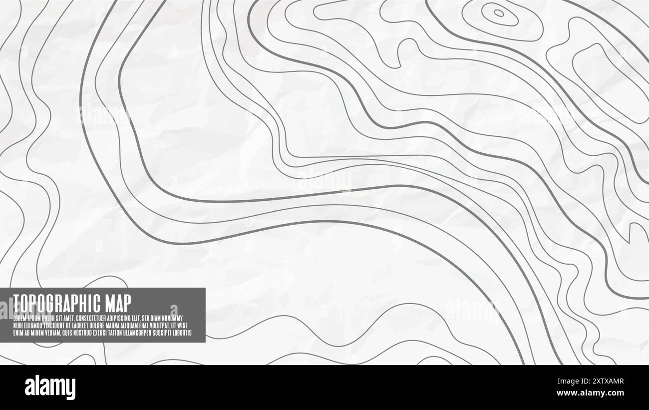 Abstract topographic contour on white crumpled paper background ...