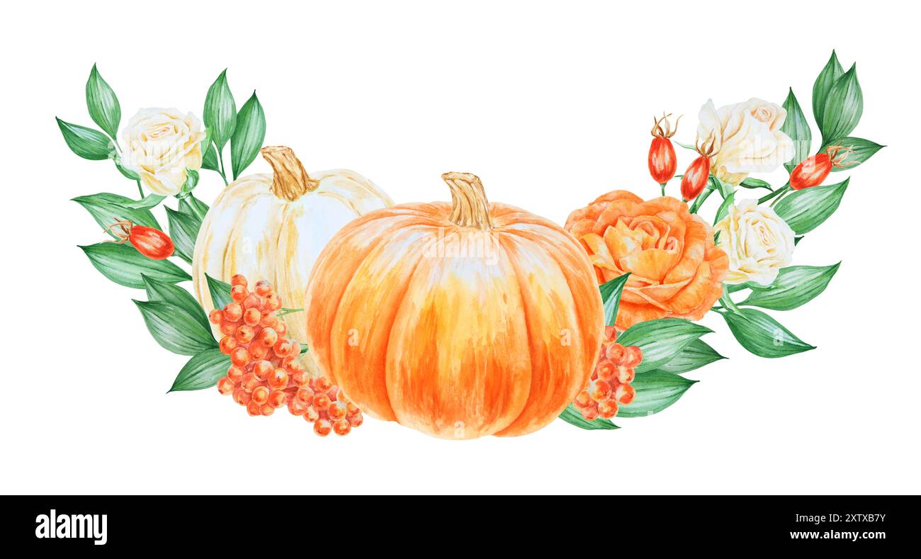 Orange and white pumpkins, roses, rowan berries and rose hips. Hand ...