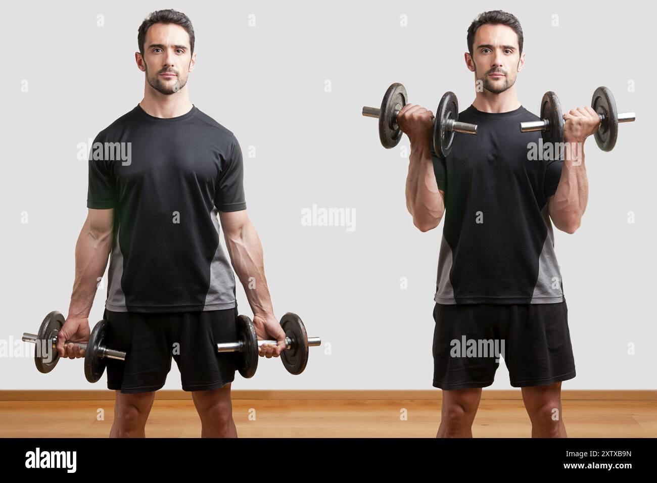 Personal Trainer doing standing dumbbell curls for training his biceps ...