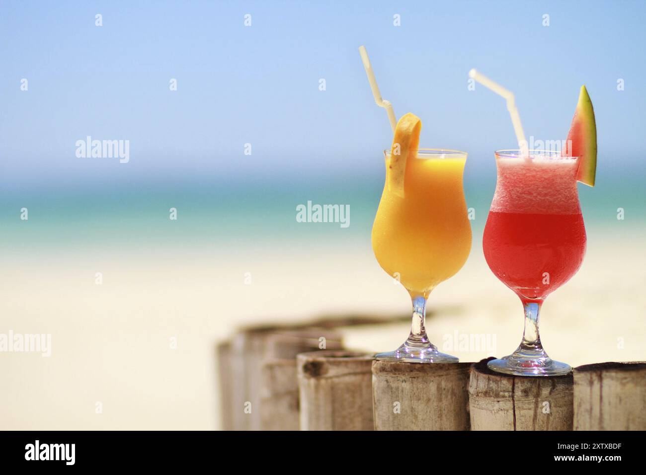 Two tropical cocktails on the beach, La Digue, Indian Ocean, Seychelles ...