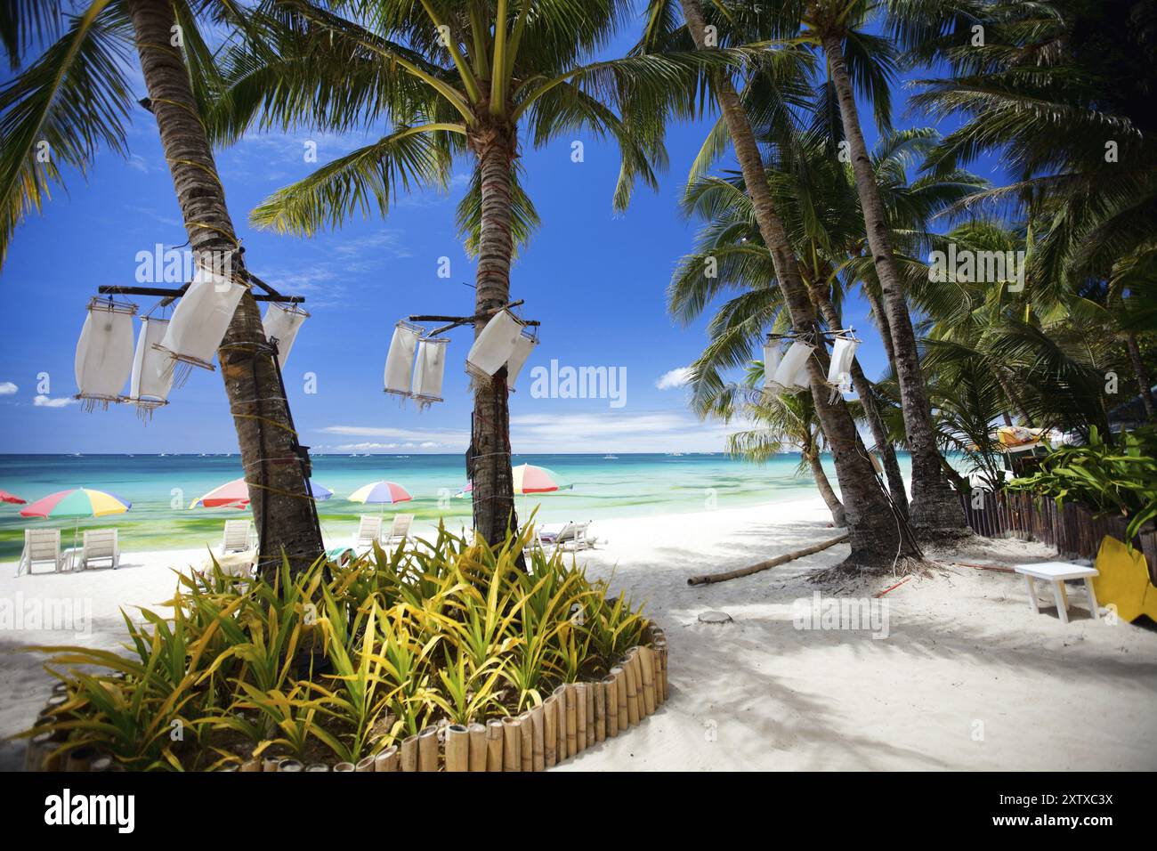 Beach with parasol and deckchair, Boracay, Philippines, Boracay ...
