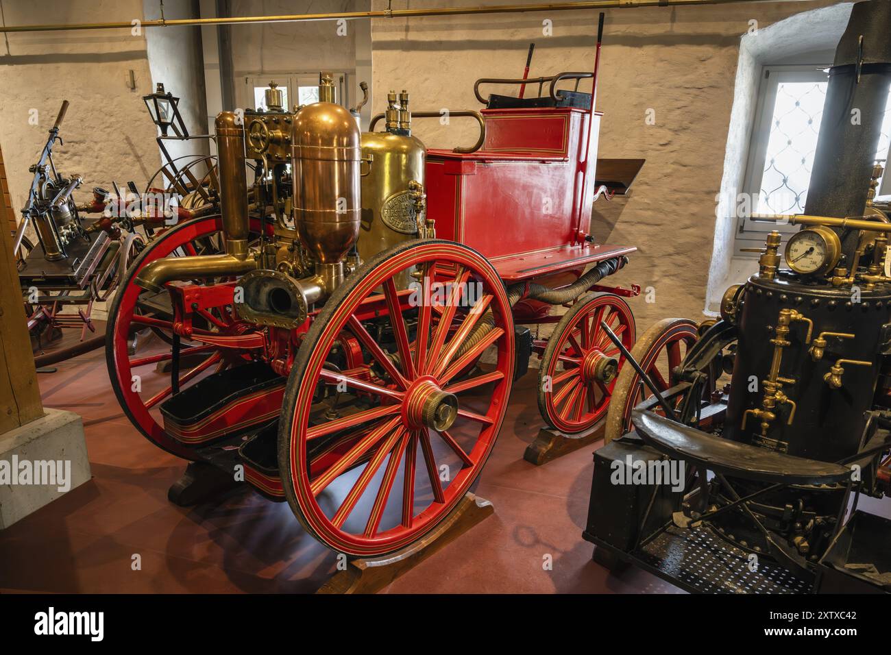 Historic fire engines in the Fire Brigade Museum, Salem Castle, Lake ...