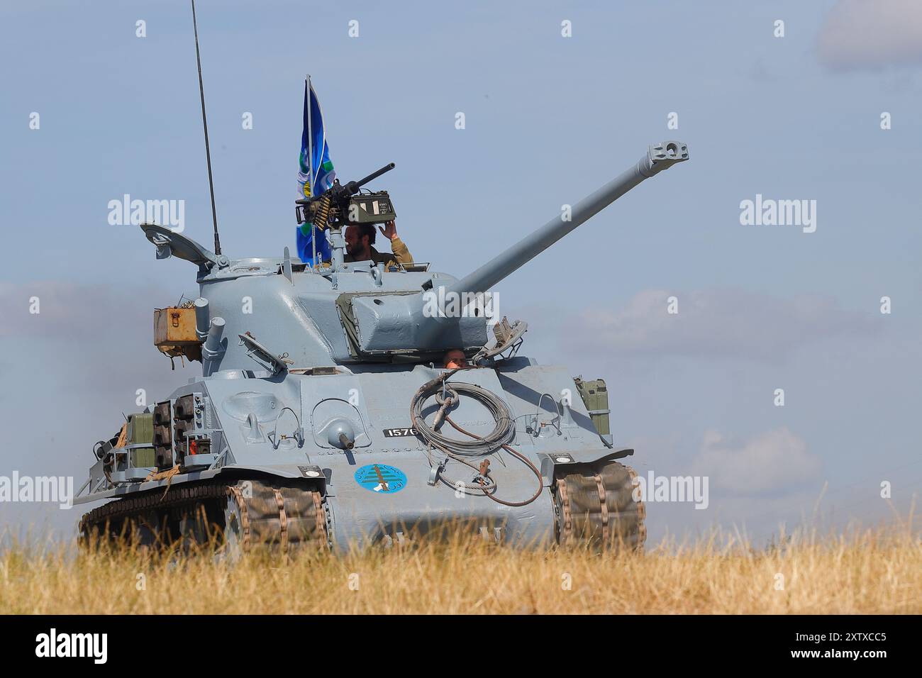 Sherman M50 battle tank parading around an arena at The Yorkshire ...