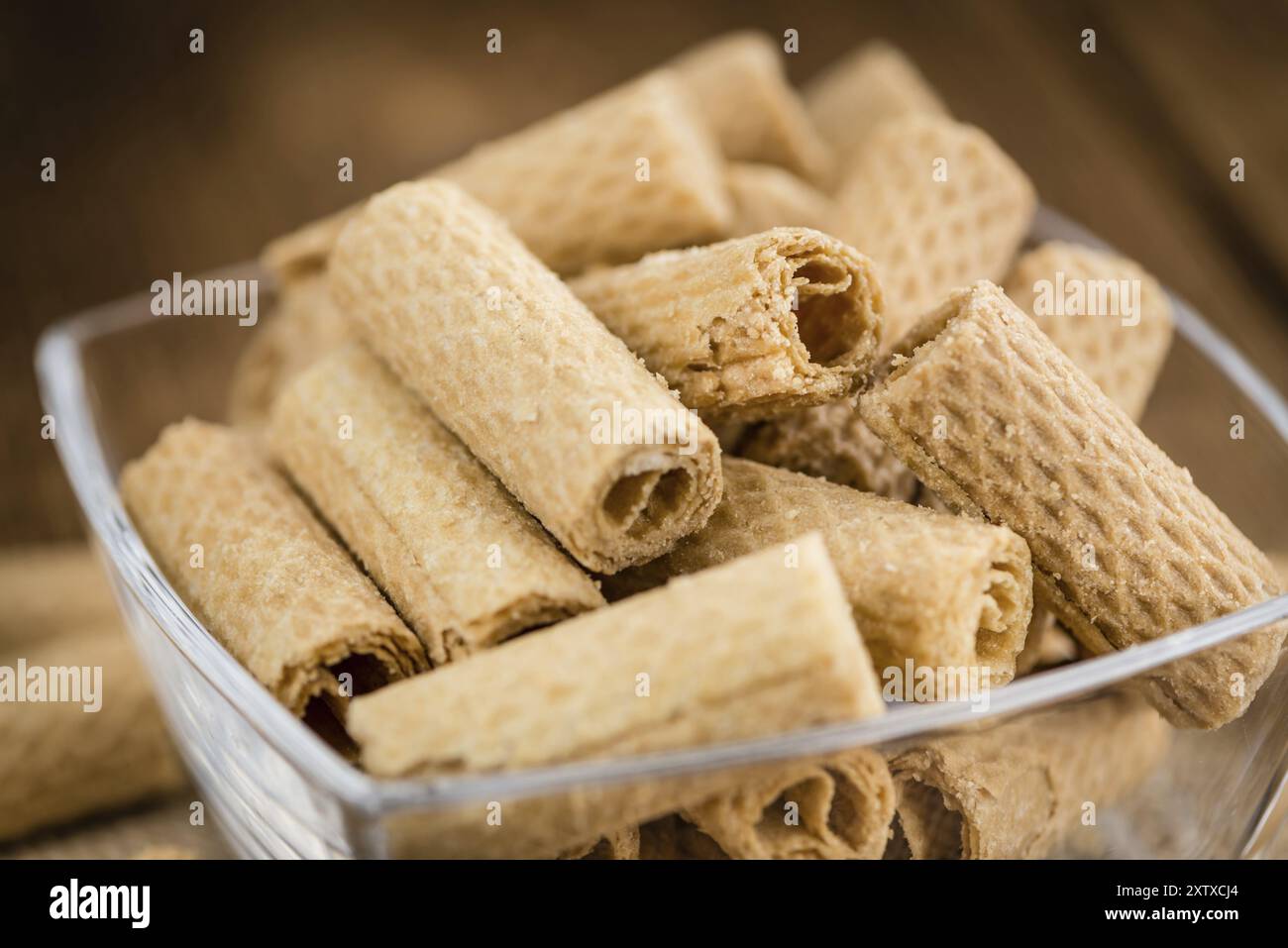 Fresh made Sweet Wafers on a vintage background as detailed close-up ...