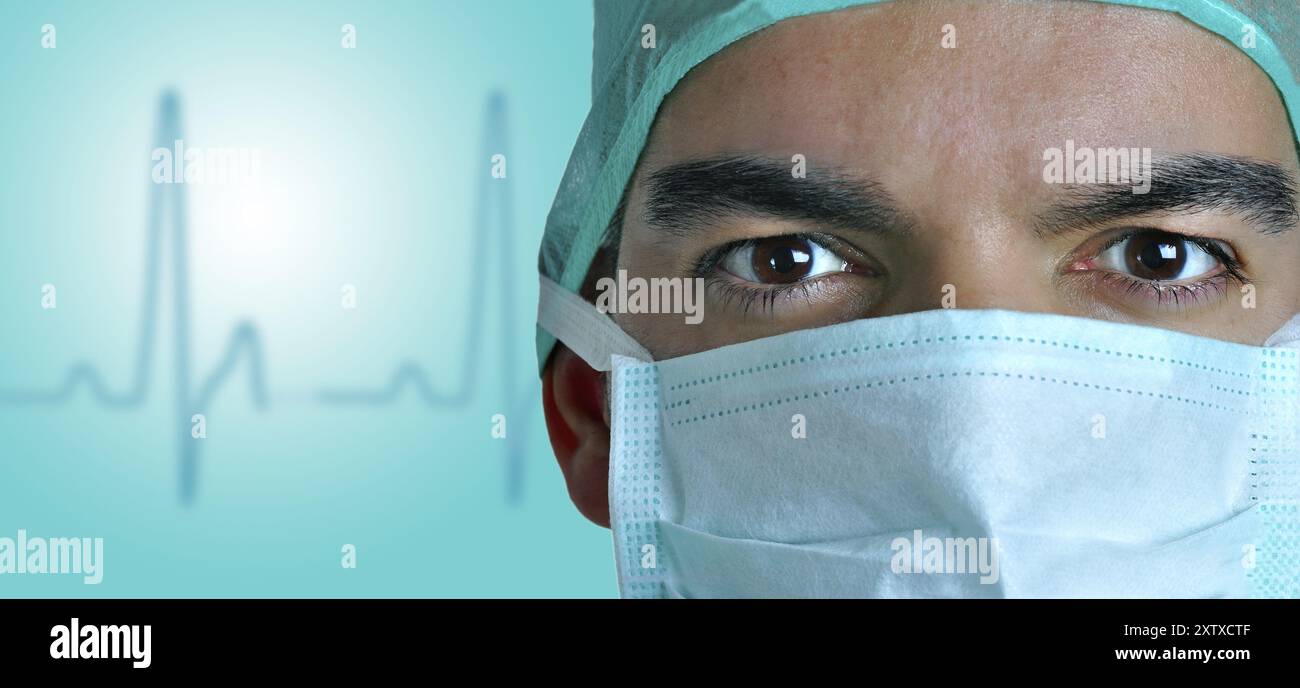Closeup portrait of a surgeon with a EKG wake behind him. Blue color ...