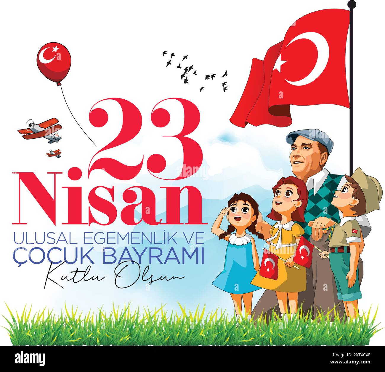 Turkish Patriotic children salute the flag with Atatürk on April 23 ...