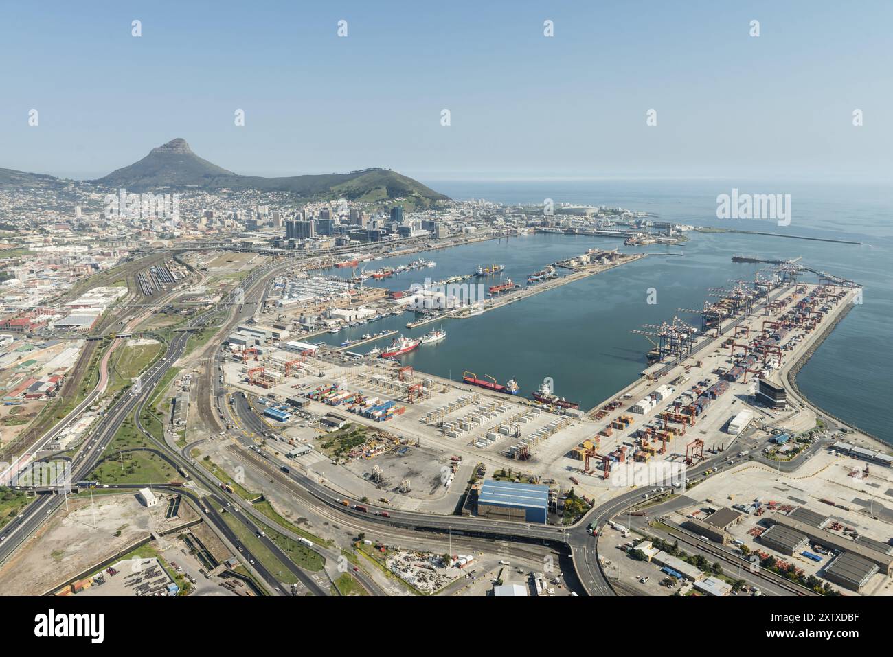 Cape Town Harbor (South Africa, aerial view) shot from a helicopter ...