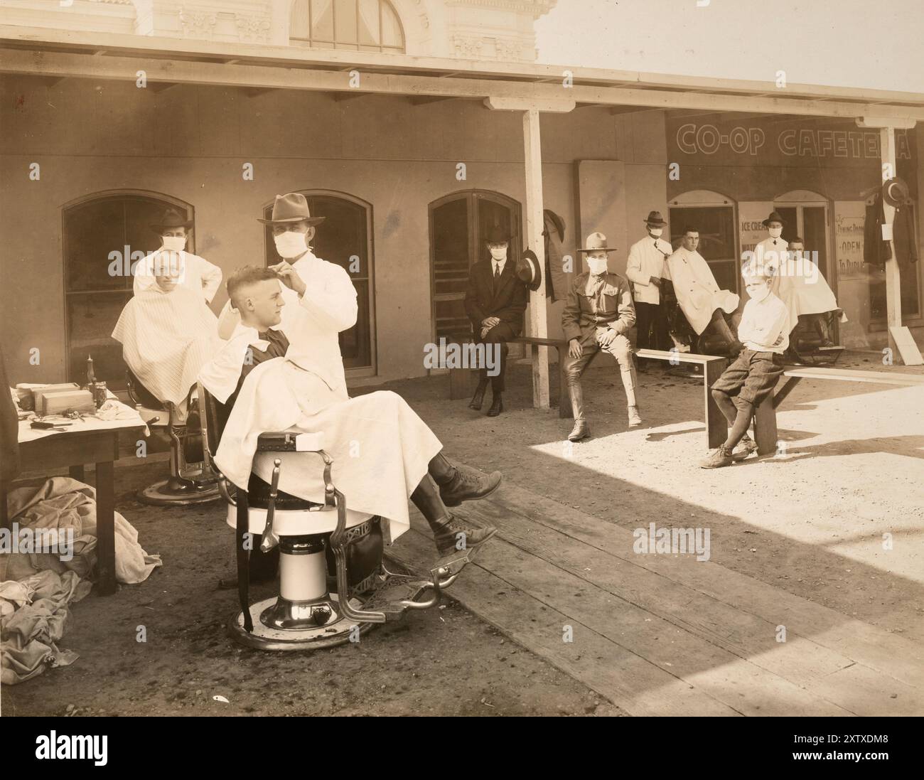 Open air barber shop during influenza epidemic, known as epidemic of ...