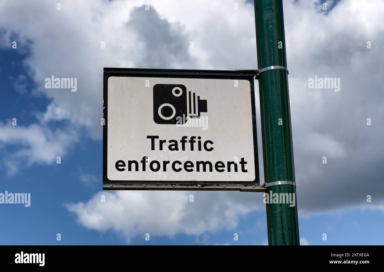 Warning sign for a traffic enforcement speed camera ahead, Twickenham ...