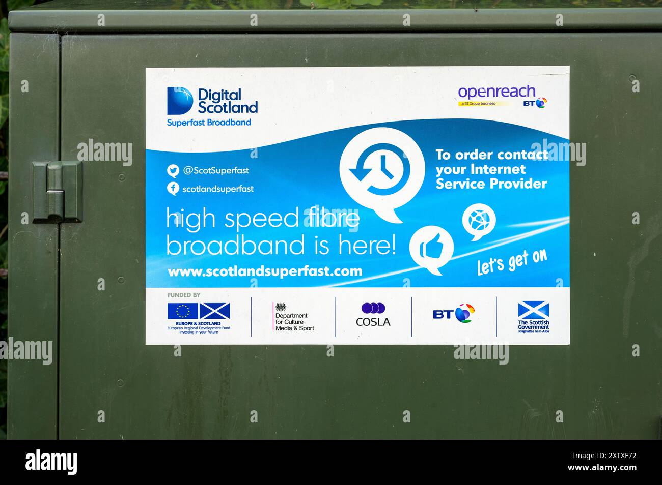 Sign advertising BT Openreach high speed fibre broadband, Scotland, UK ...
