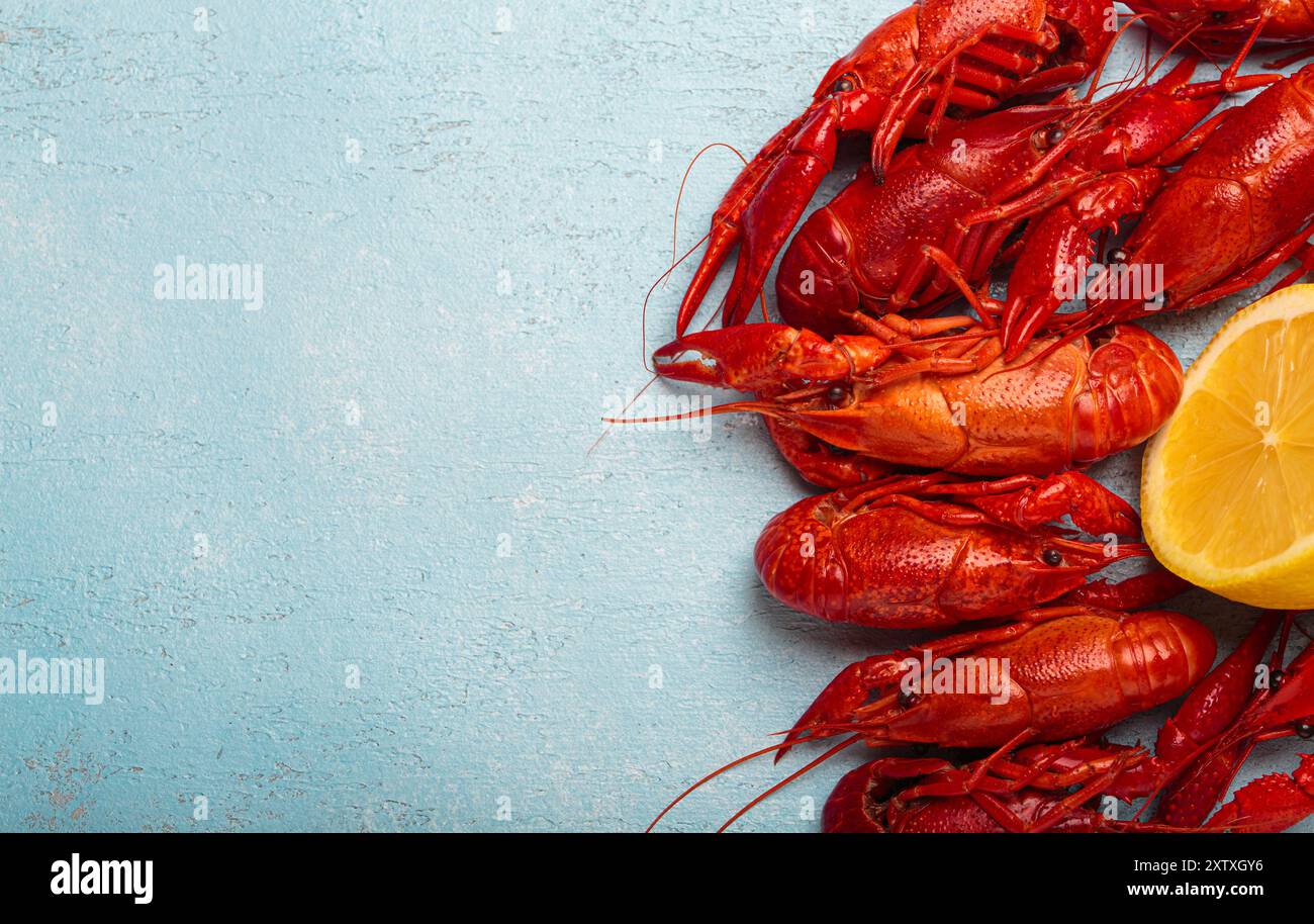 Cooked crayfish lying on blue background with lemon slice top view copy ...