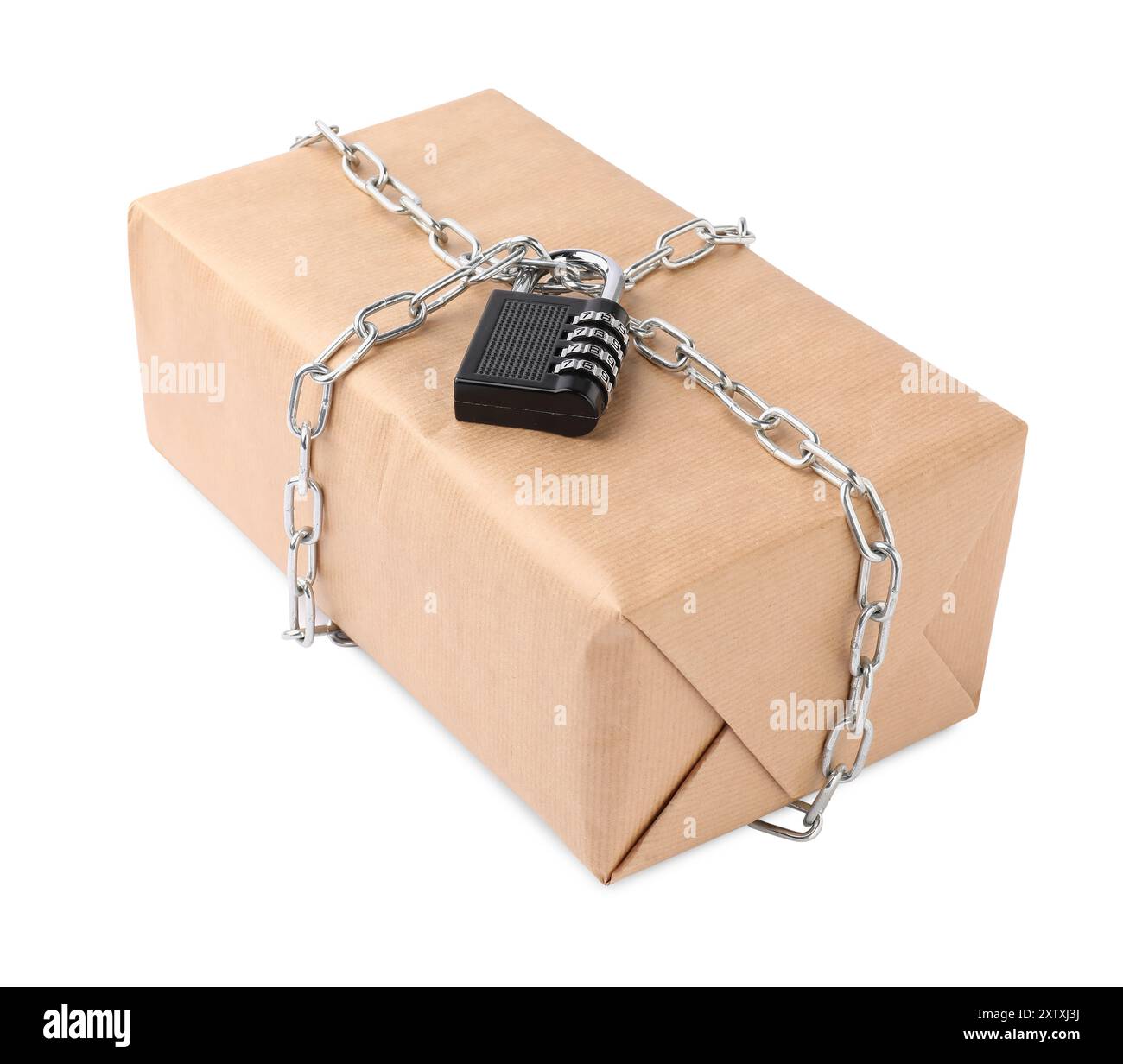 One parcel with chain and padlock isolated on white Stock Photo - Alamy