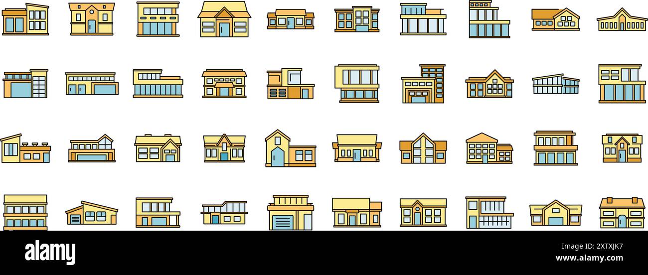 This set of building icons is showing different architectural styles ...