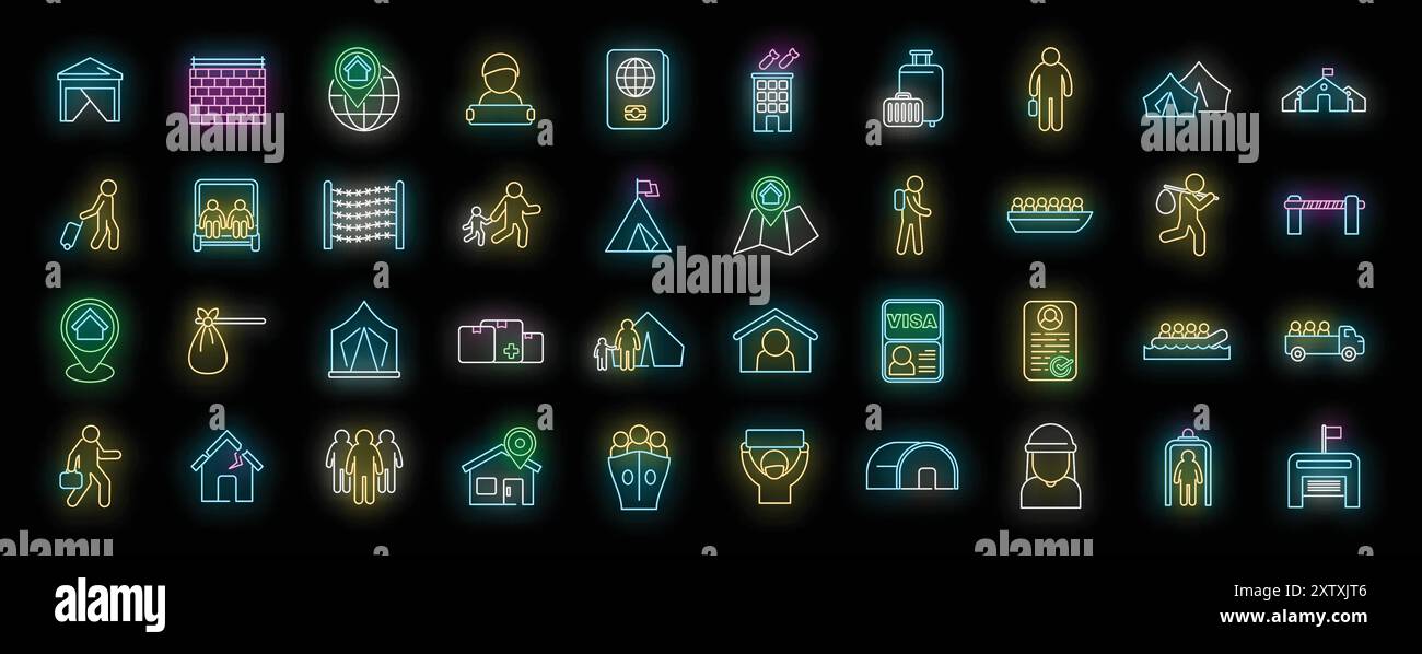 Refugees leaving home finding shelter applying for visa neon icons set ...
