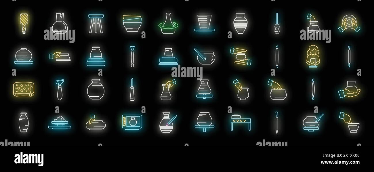 Collection of colorful neon icons representing various aspects of ...