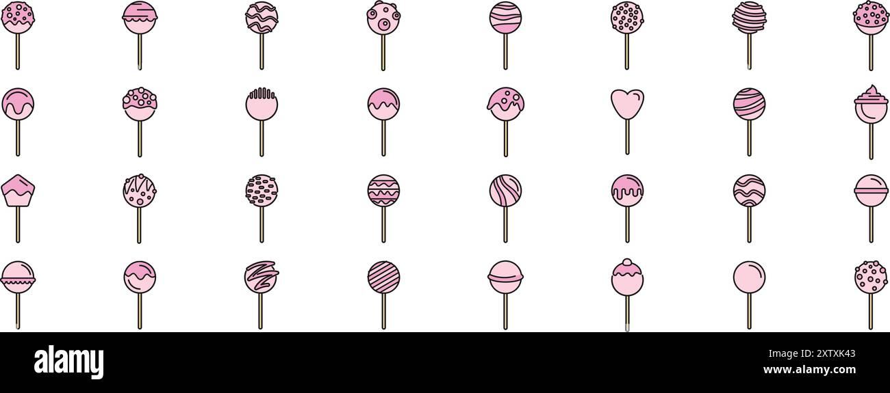 Vector line icons of various cake pops with pink frosting and different ...