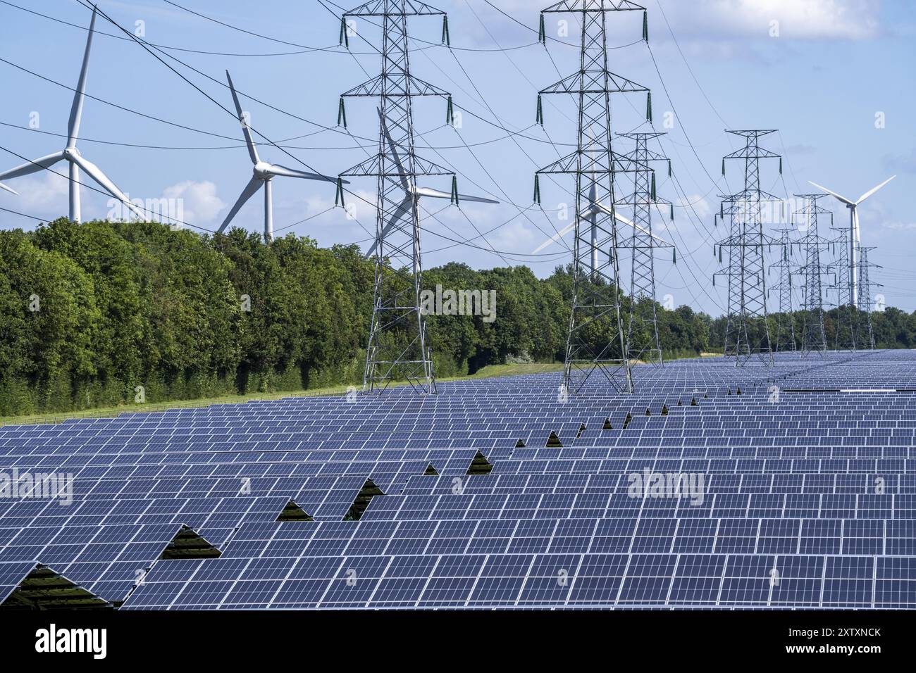 High-voltage power line route, the space underneath is used for a solar ...
