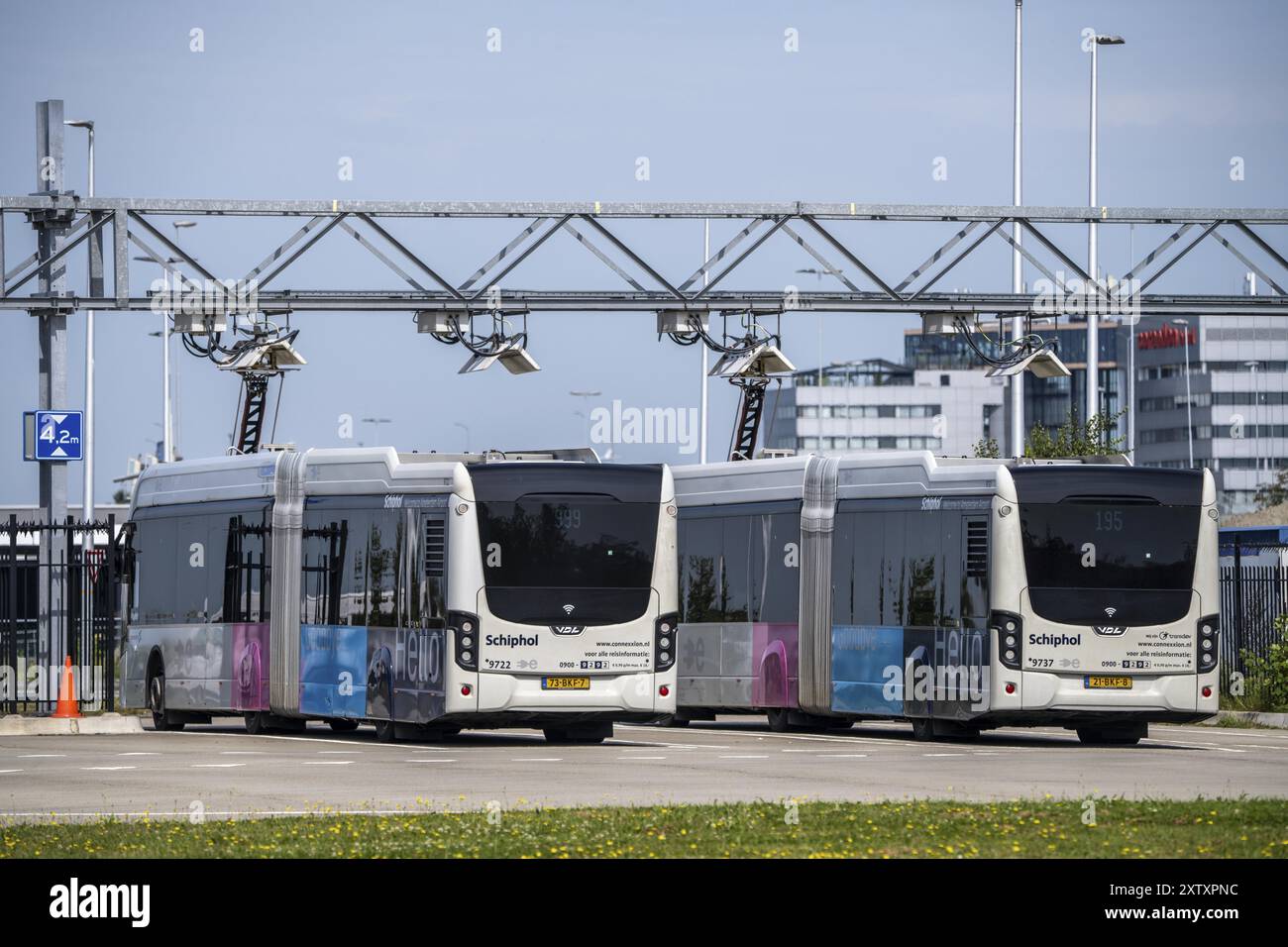 Fast charging station for electric buses at Amsterdam Schiphol Airport, the entire fleet of ...