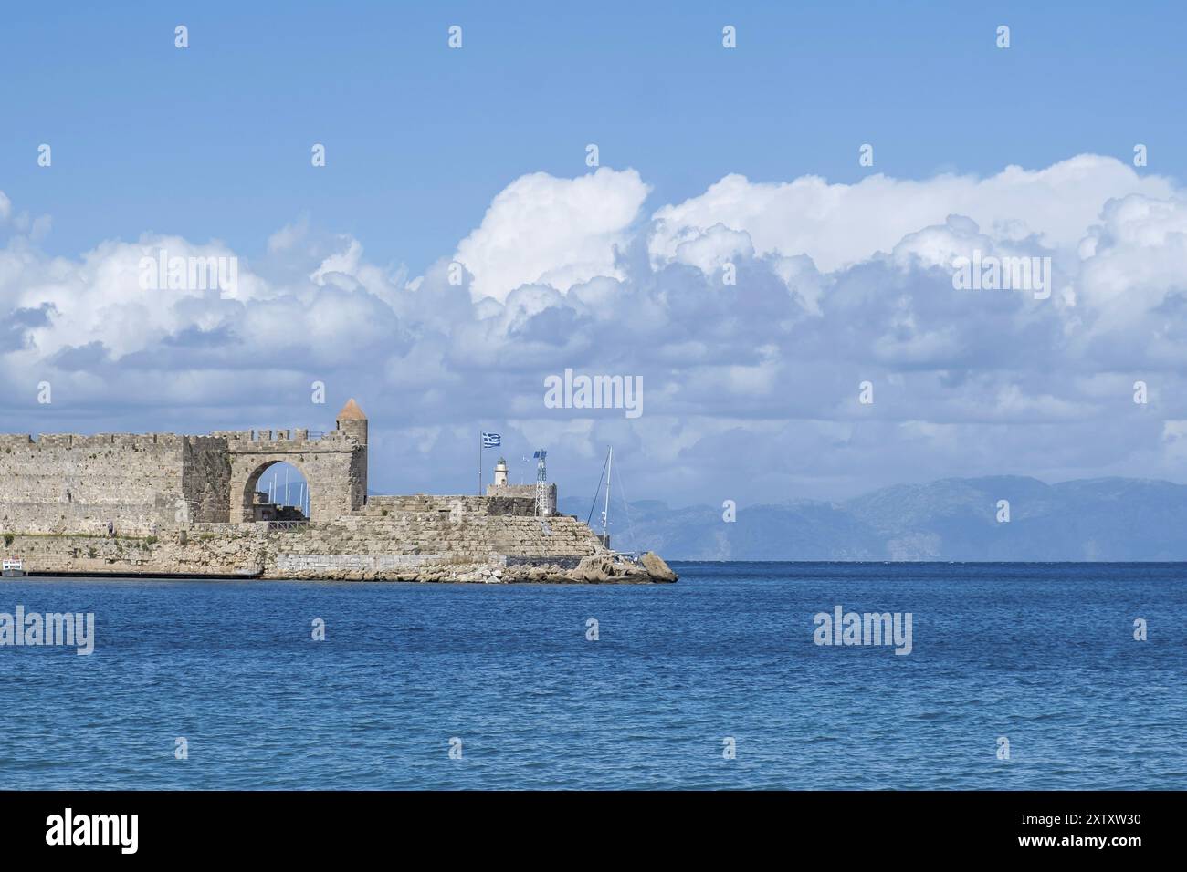 Historic fortress walls, De Naillac Tower, harbour area, Rhodes Town ...