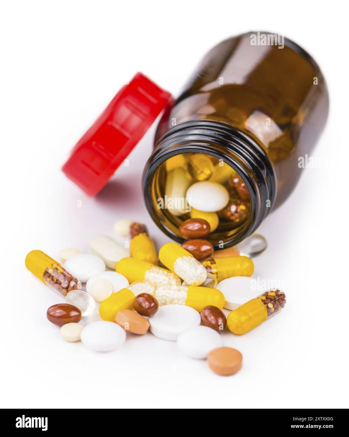 Mixed drugs isolated on white background as detailed close-up shot ...