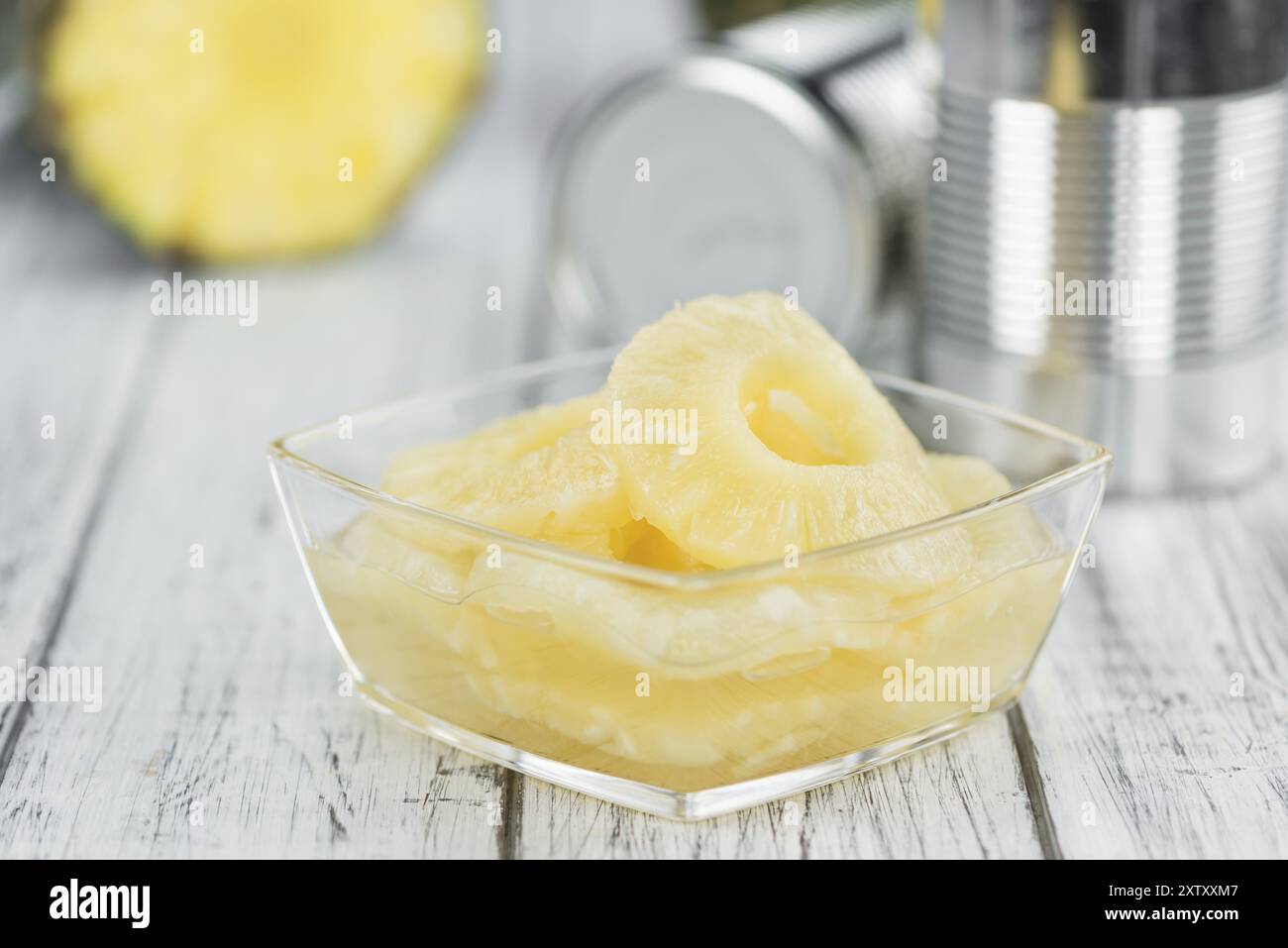 Fresh made Preserved Pineapple Rings on a vintage background as ...
