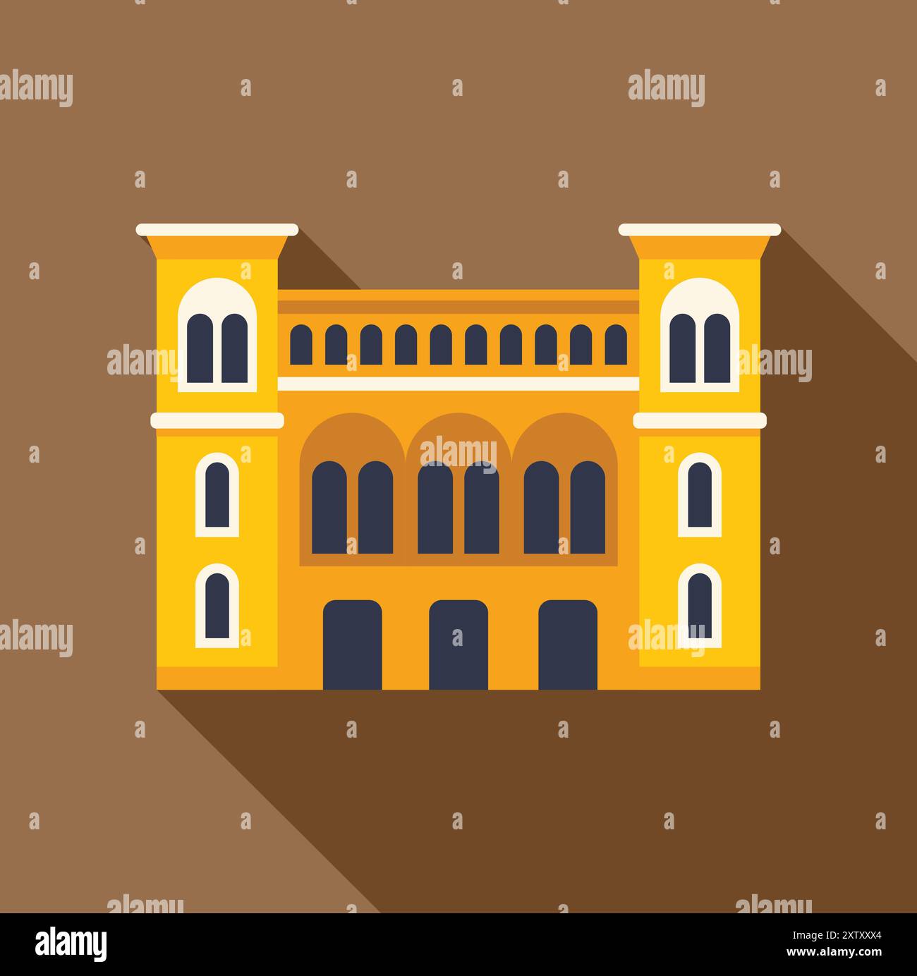 Yellow building with arches and towers showing classical architecture ...