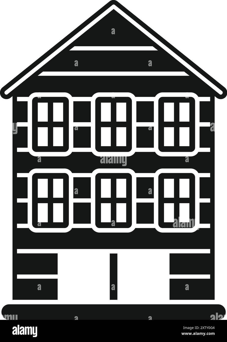 Simple black and white vector icon of a two storey building facade with ...
