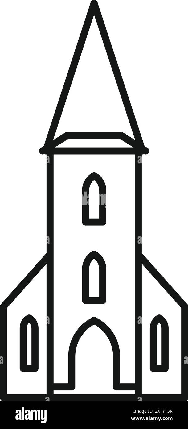 Simple line drawing of a tall church building with spire and arched ...