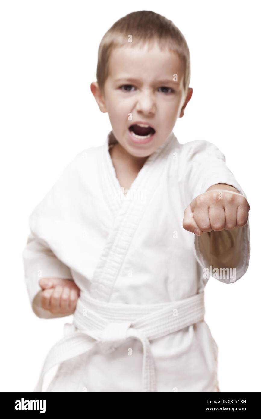 Martial art sport, child boy in white kimono training karate punch ...