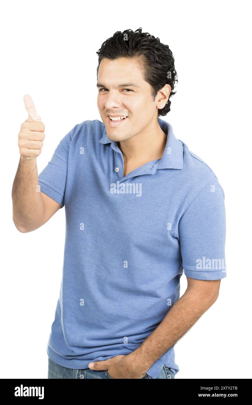 Handsome hispanic male wearing blue shirt with big smile, right thumb ...