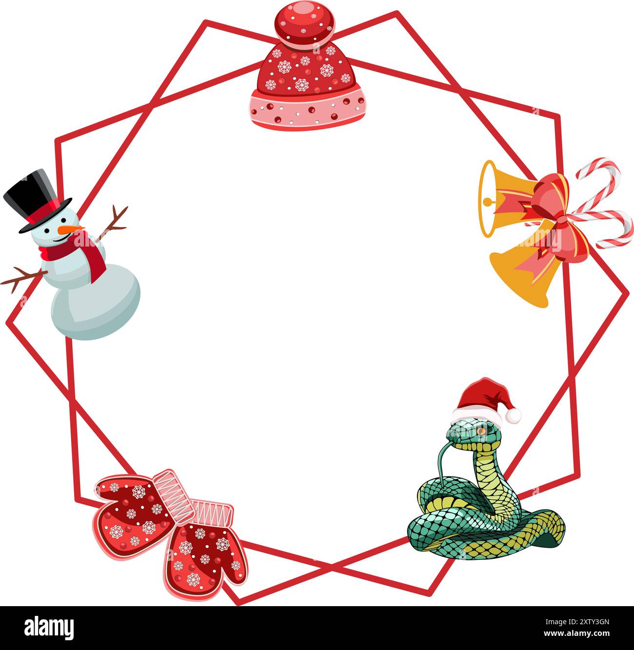 Holiday frame with snake, snowman, mittens, and bells, vector ...