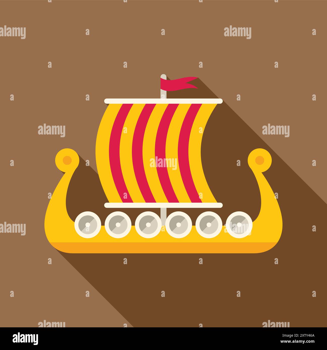Cartoon viking longship with a red and yellow striped sail is sailing on a brown background ...