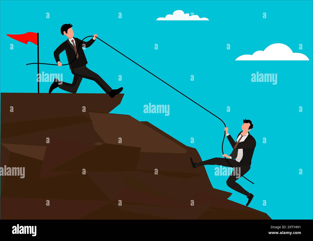 Illustration of businessman on top of a cliff with a flag pulling his ...