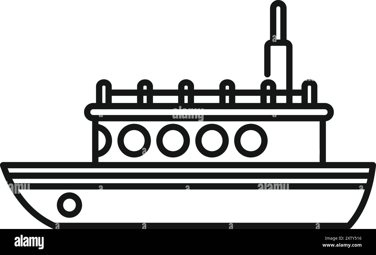 Black and white line drawing of a passenger ship floating on water ...