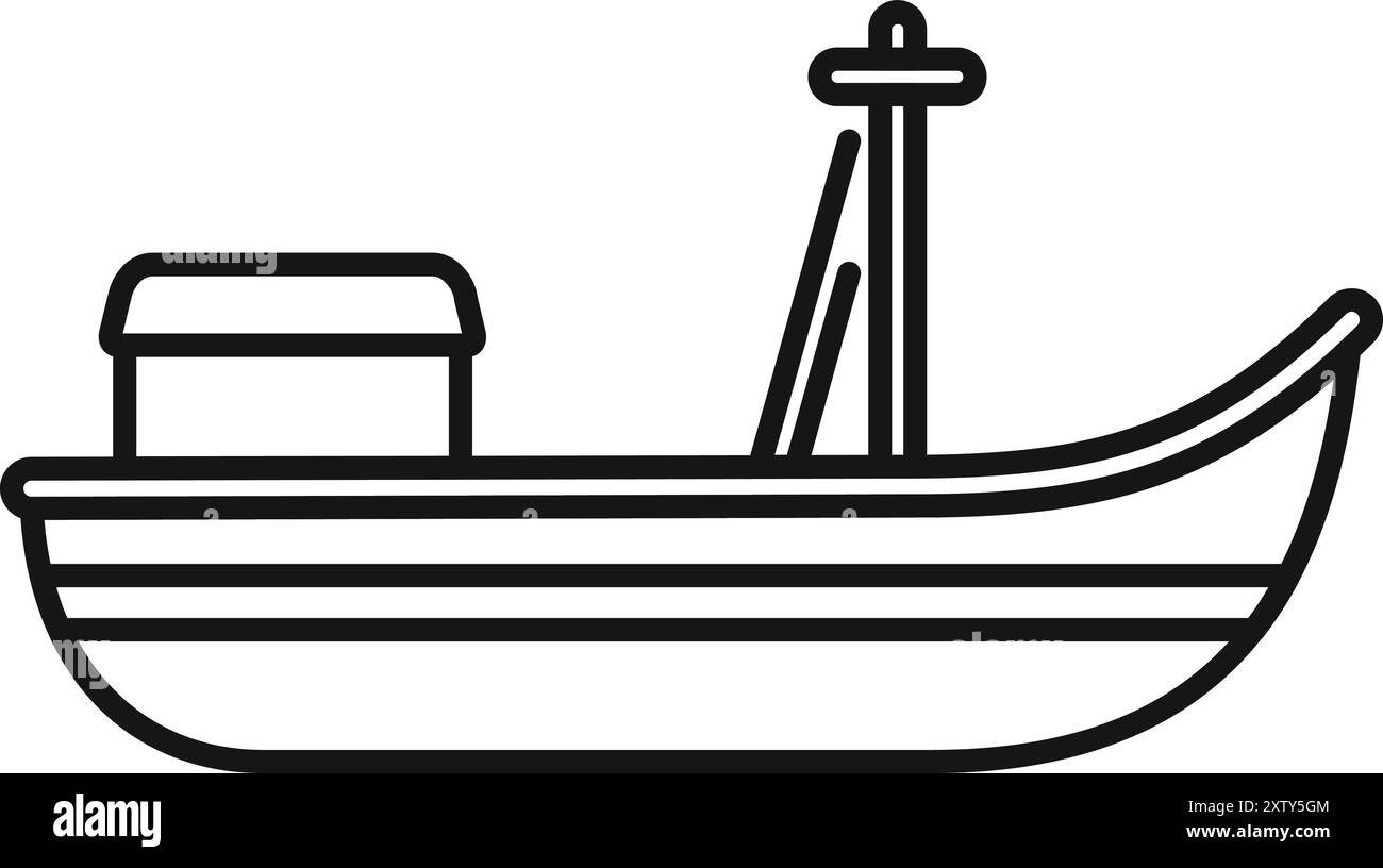 Simple black and white line drawing of a small fishing boat with a ...