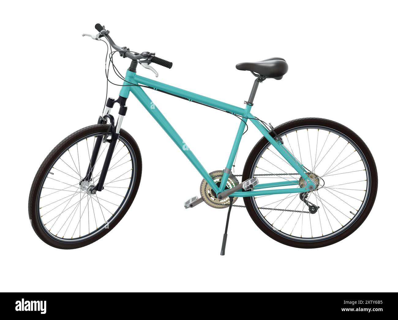 Blue teal bicycle standing on kickstand, side view isolated on white ...