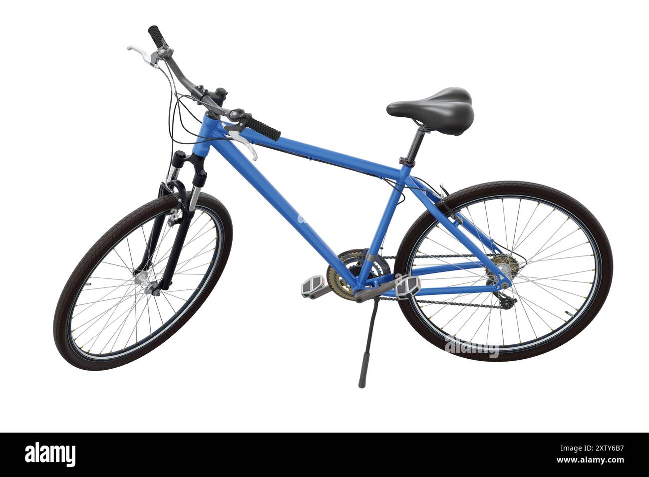 Blue bicycle standing on kickstand, side view isolated on white ...