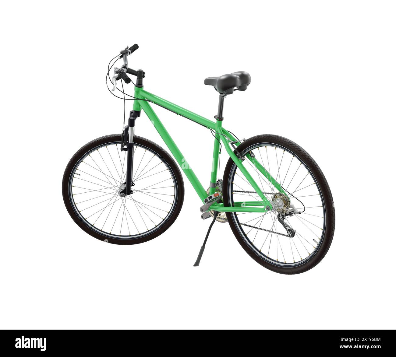 Green bicycle standing on kickstand, side back view isolated on white ...