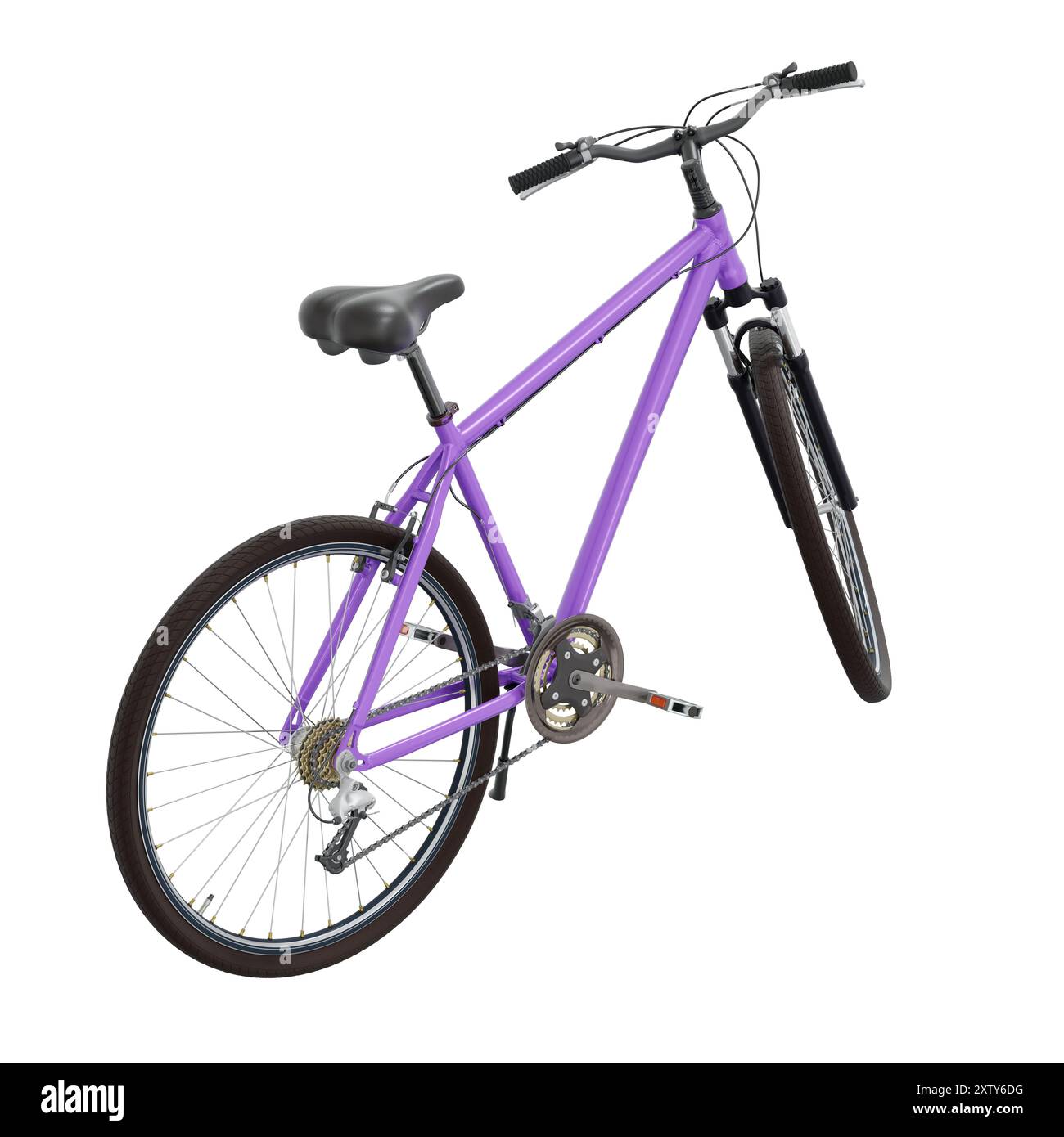 Purple bicycle standing on kickstand, side back view isolated on white ...